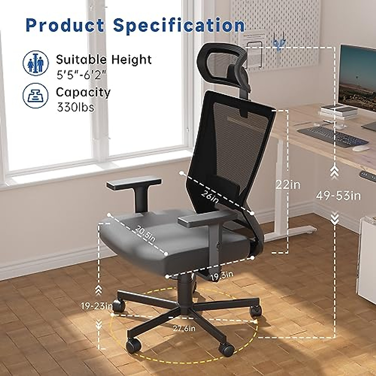 Dripex Ergonomic Office Chair, High Back Desk Chair, Computer Mesh Chair with Lumbar Support, Adjustable Headrest & 2D Armrest, 90°-135°Tilt Function, 360° Swivel Home Office Task Chair, Black