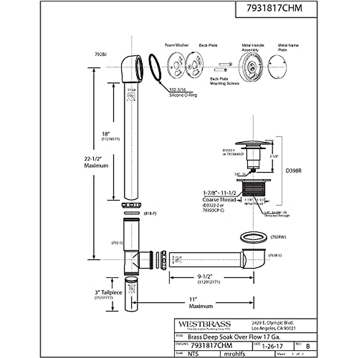 Westbrass 22" Deep Soak Tip-Toe Drain Bath Waste & Overflow, Polished Chrome ,7931817CHM-26