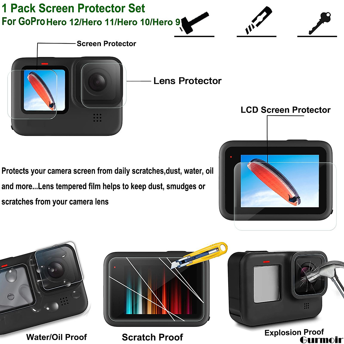 Gurmoir Accessories Kit Set for Gopro Hero 12/Hero 11/Hero 10/Hero 9 Black, Waterproof Housing Case+3Filters+Screen Protector Bundle for Go pro 12 11 10 9 Accessory(PT06)