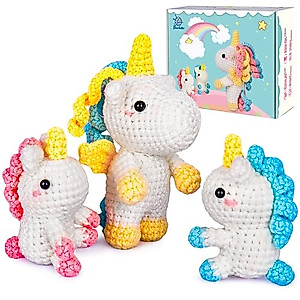 Crochetta Crochet Kit for Beginners, Amigurumi Crocheting Animals Kits w Step-by-Step Video Tutorials, Knitting Starter Pack for Adults and Kids, Jumbo 3 Unicorn Familly (40%+ Yarn Content)