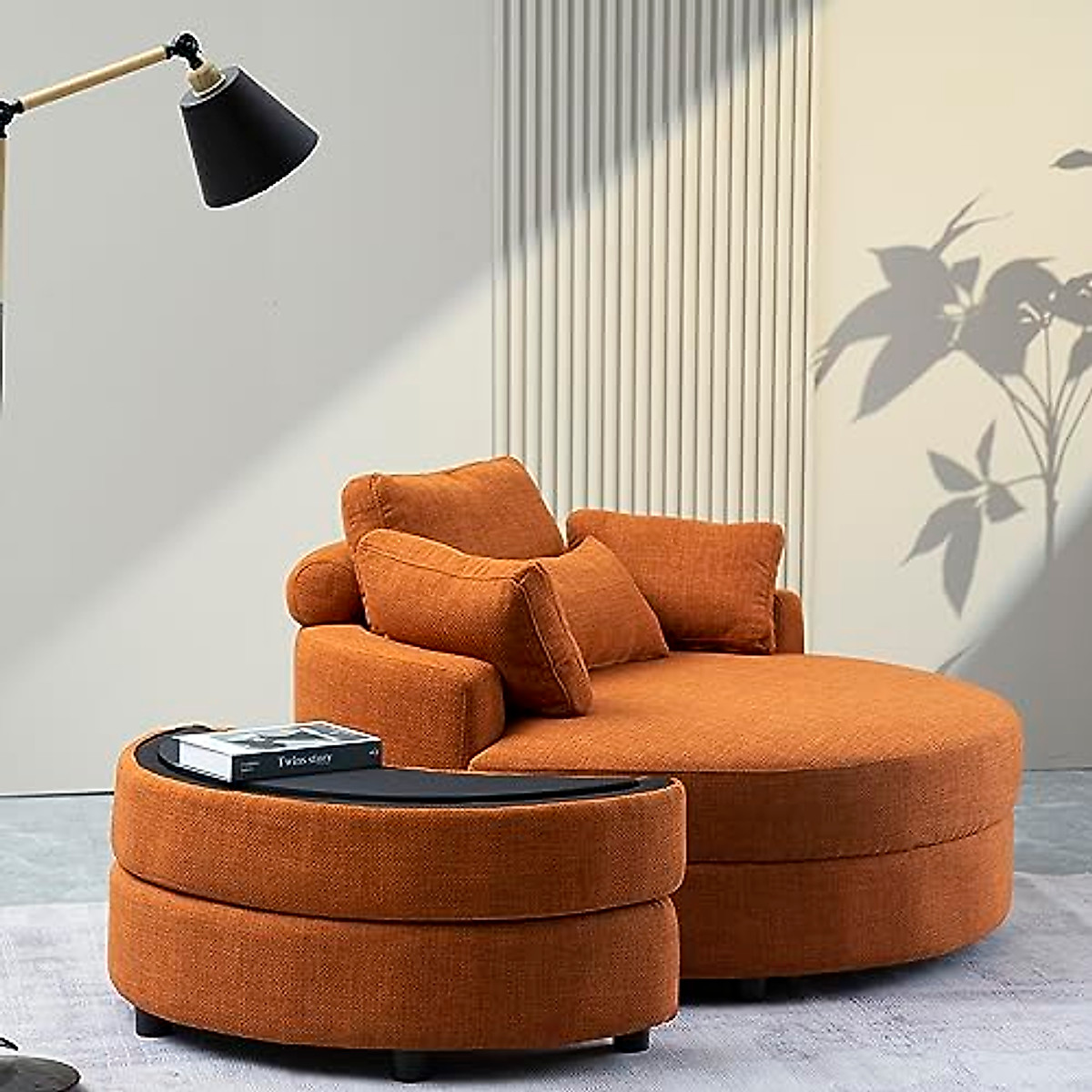 Oversized Barrel Chair with Half Moon Shaped Storage Ottoman for Living Room, Modern Accent Round Loveseat Circle Armchairs Cuddle Lounge Sofa with Removable Head & Back Pillows for Nursery, Office