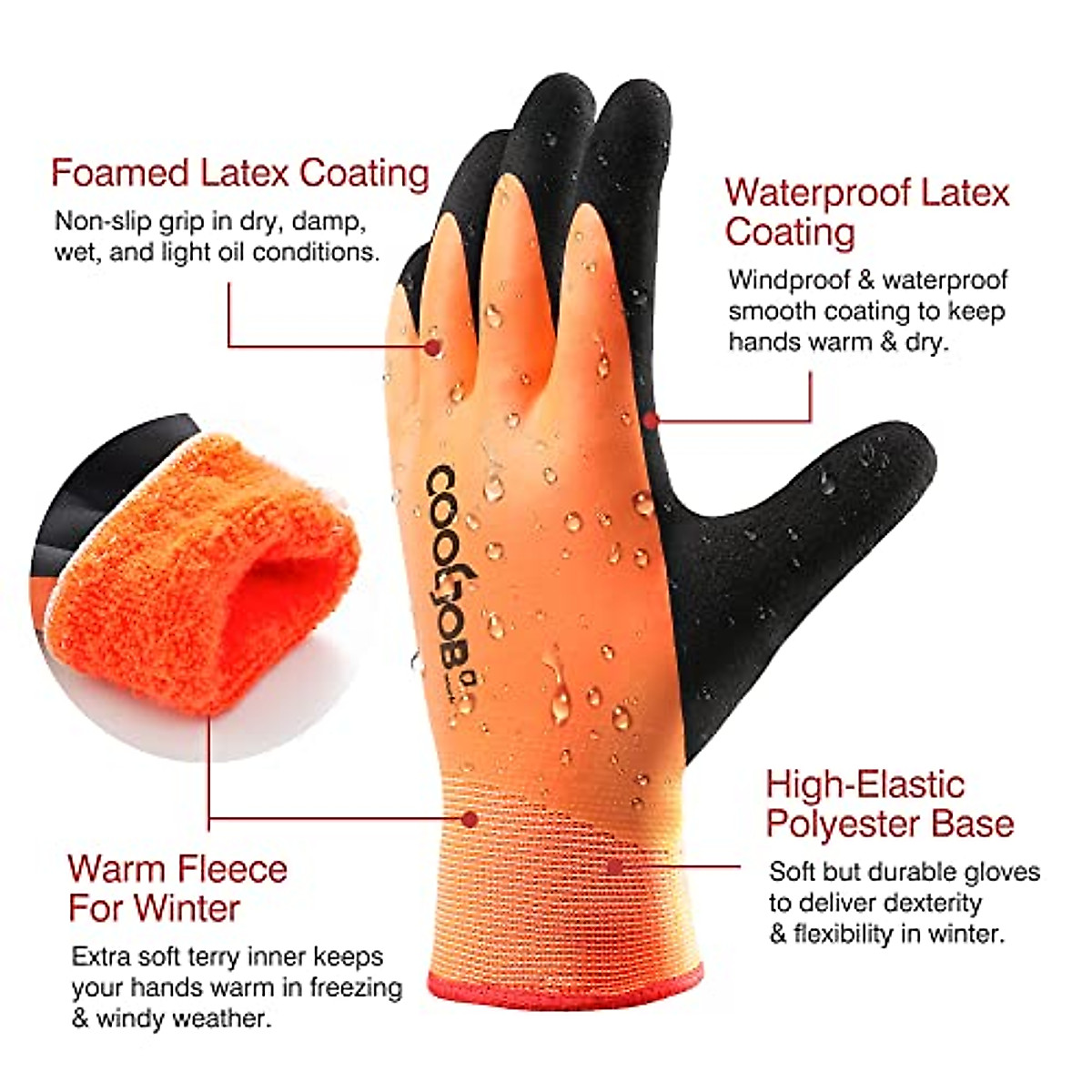 COOLJOB Waterproof Winter Freezer Gloves for Working Gardening Fishing Construction Worker, Double Coated Rubber for Warehouse Cold Refrigeration House, 1 Pair Large Orange