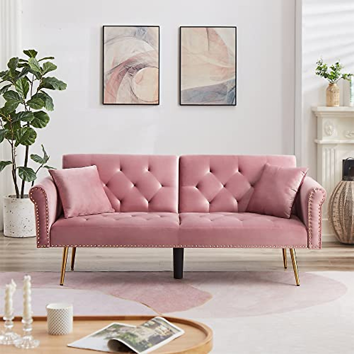FANYE 3-in-1 Tufted Upholstered Daybed Futon Sofabed Loveseat W/Reclining Split Backrest and Metal Legs,2-Seaters Sofa Soft Cushions Love Seat Convertible Sleeper Couch Bed for Living Room, Twin, Pink