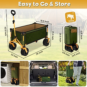 Calanofin Collapsible Folding Wagon Cart Utility 180L Portable Heavy Duty Garden Cart with All-Terrain Beach Wagon with Big Wheels for Sand, Side Pockets & Drink Holders for Shopping Camping Outdoors