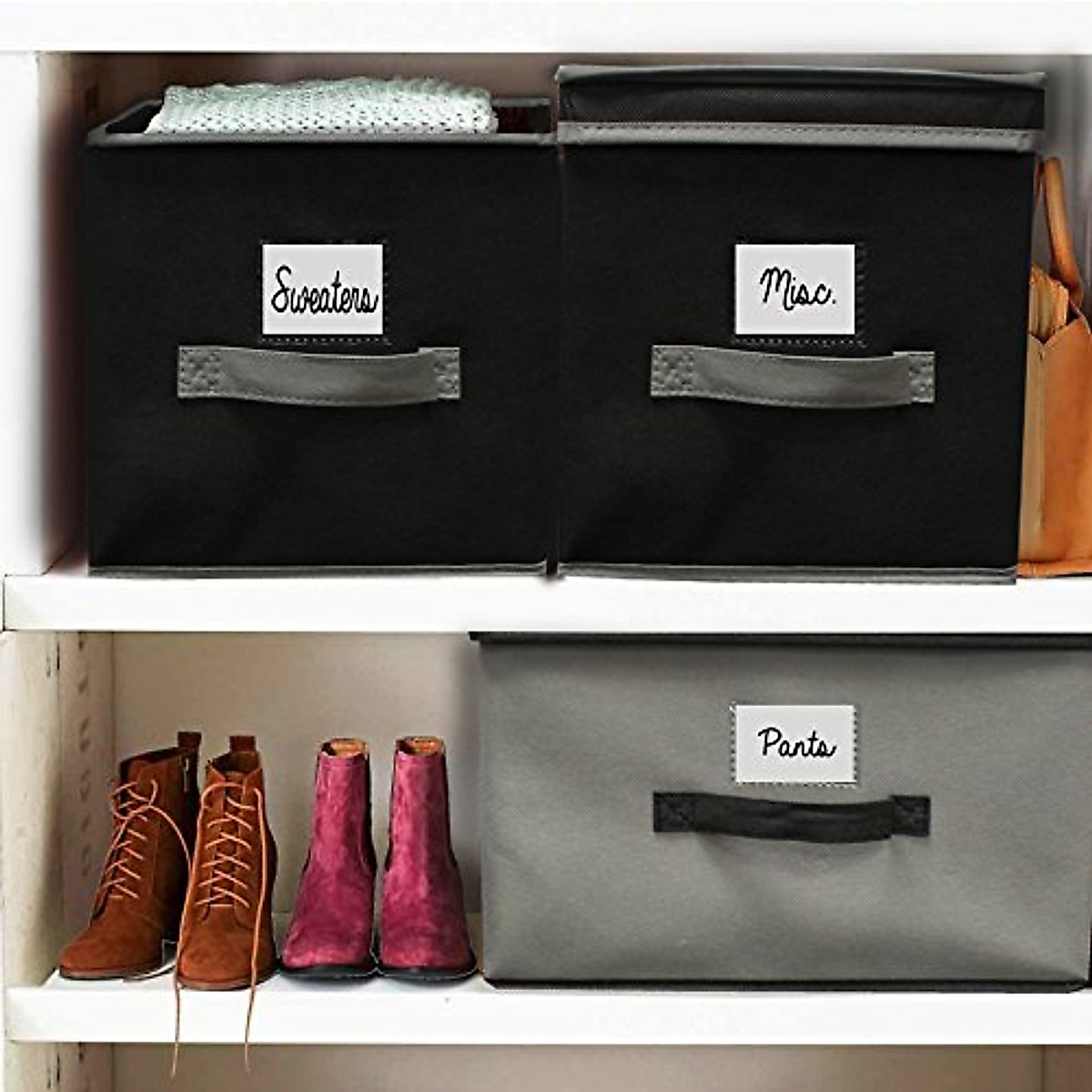 EarthWise Storage Bin Basket Box Collapsible Container Foldable Stackable Fold Flat Shelf Cabinet with Lid Cube Organizers (Set of 3) 1 Large 2 Medium (Black/Grey)