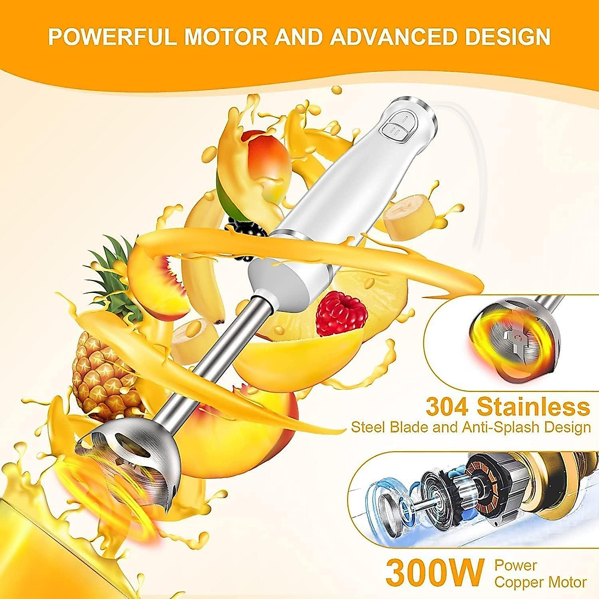 Immersion Blender Handheld, 5-in-1 Hand Blender for Kitchen, 2-Speed Stirrers Electric Whisk with 16.9OZ Food Chopper, 20.3OZ Container, Egg Whisk for Puree Infant Food Smoothies Sauces Soups