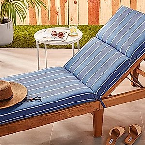 Pillow Perfect Stripe Indoor/Outdoor Split Back Chaise Lounge Cushion with Ties, Plush Fiber Fill, Weather, and Fade Resistant, 72.5" x 21", Blue/White Wickenburg, 1 Count