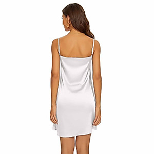 Miqieer Women Lingerie V Neck Nightwear Satin Sleepwear Chemise Mini Silk Nightgown(V-White, Medium)
