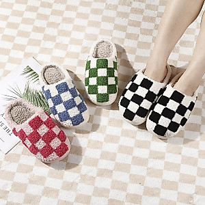 JINLONYU Checkered Slippers Cozy Warm Plush Slip-On House Shoes for Women Men Plaid Scuff Slides Blue 39-40