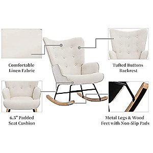 Fabric Nursery Rocking Accent Chair, Modern Tufted Button Wingback Glider Rocker Armchair with Solid Wood Legs, Beige