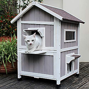 HiCaptain Outdoor Cat House, Wooden Feral Cat Shelter Weatherproof Outside 2 Story Large Kitty House with Escape Door