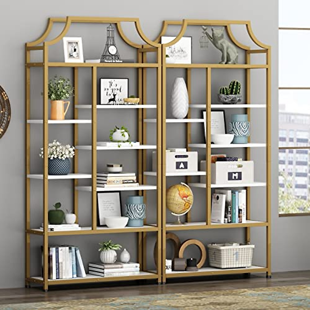 Loomie 8-Open Shelf Bookshelf, 70.87" H x 31.5" L Lux Etagere Bookcase, Tall Storage Display Modern Open Book Case for Bedroom, Home Office & Living Room, Gold Finish Metal Frame & White Shelving