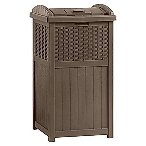 Suncast 73 Gallon Deck Box & Wicker Trash Hideaway Outdoor Garbage Bin, Java