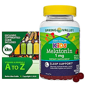 Spring Valley Zero Sugar Kids Melatonin, 1 mg Vegetarian Gummies, 120 Ct Bundle with Exclusive Vitamins & Minerals - A to Z - Better Idea Guide (2 Items)