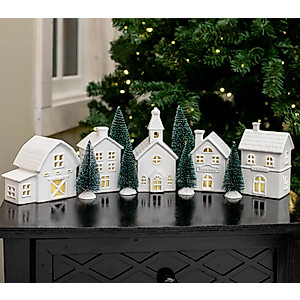 Mark Feldstein & Associates Village with Trees Winter White Glazed Porcelain Holiday Tabletop Figurines, Set of 11, 7 Inch