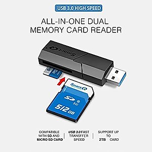 SmartQ C307 SD Card Reader Portable USB 3.0 Flash Memory Card Adapter Hub for SD, Micro SD, SDXC, SDHC, MMC, Micro SDXC, Micro SDHC, UHS-I for Mac, Windows, Linux, Chrome, PC, Laptop, Switch (Single)