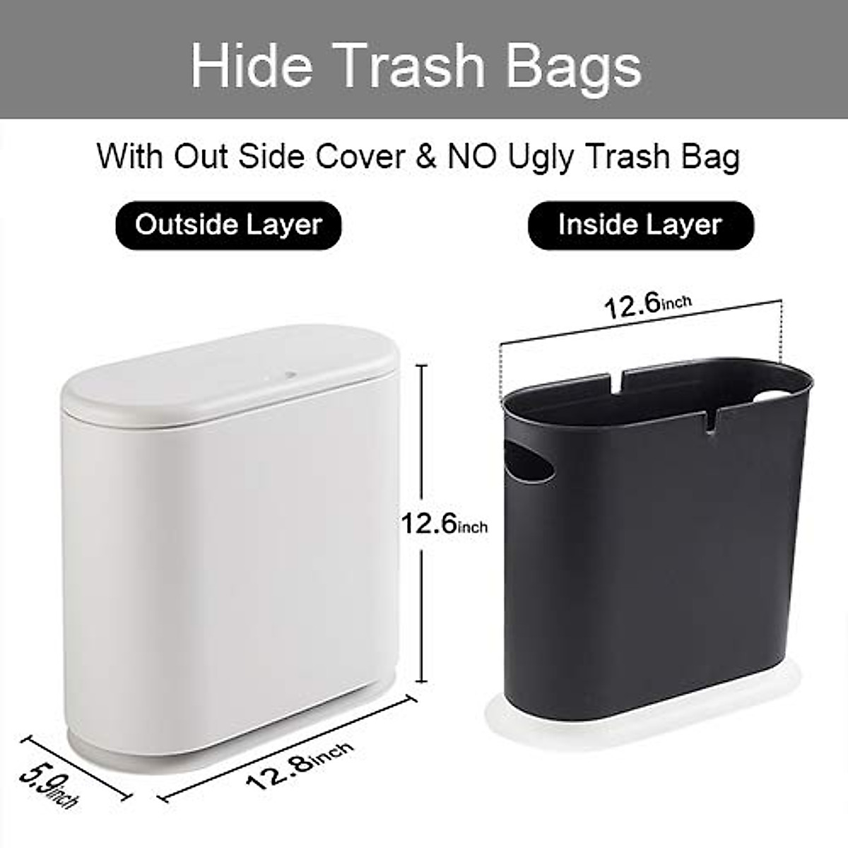 AIFUSI Trash Can, 10 Liter / 2.4 Gallon Plastic Slim Garbage Container Bin with Press Top Lid, White Waste Basket for Kitchen, Bathroom, Living Room, Office, Narrow Place(Ivory White