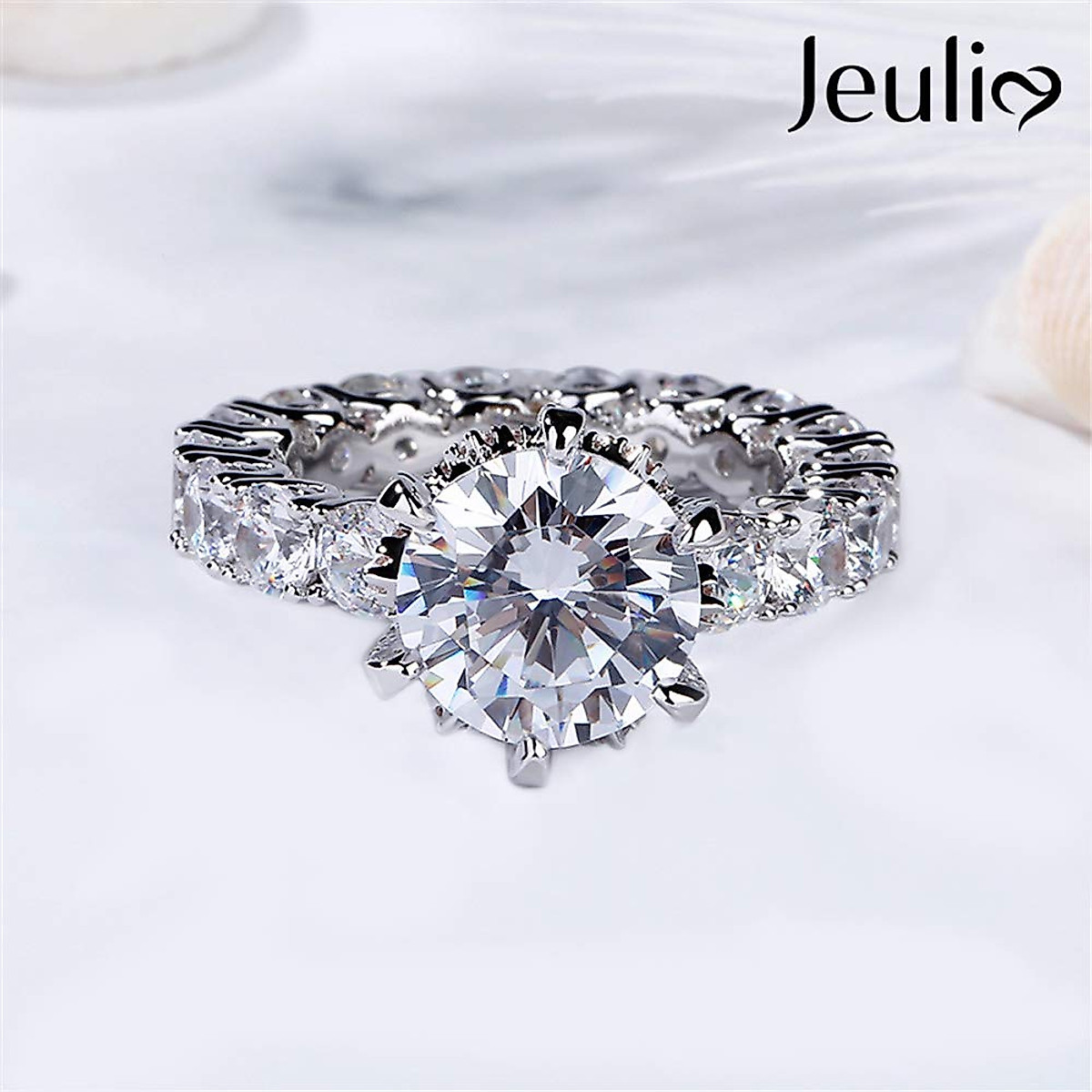 Jeulia Half Eternity Wedding Band Sterling Silver Sapphire Stackable Engagement Rings White Diamond Cubic Zirconia CZ Anniversary Promise Rings with Jewelry Box (5)