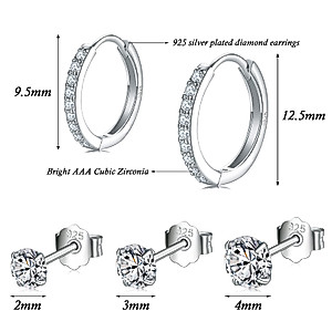 925 Sterling Silver Stud Hoop Earrings Set - Cubic Zirconia Stud Earrings for Women - White Gold Plated Hypoallergenic hoop Earrings（5 pairs）