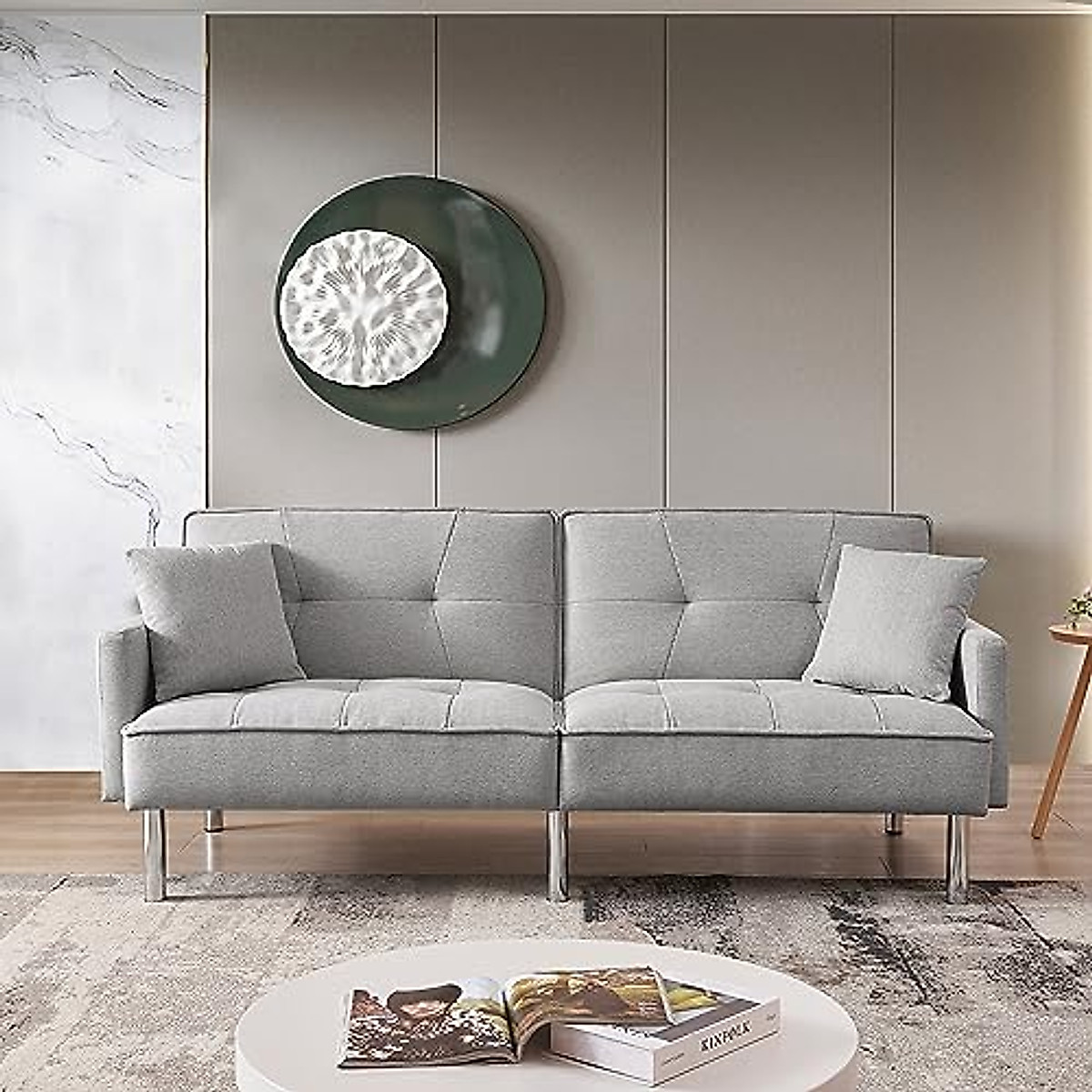 HomePop Upholstered Futon Bed with Chrome Legs, Modern Sofa Couches for Living Room, Small Spaces, Dorm, Apartment Sofabed, Standard, Light Grey