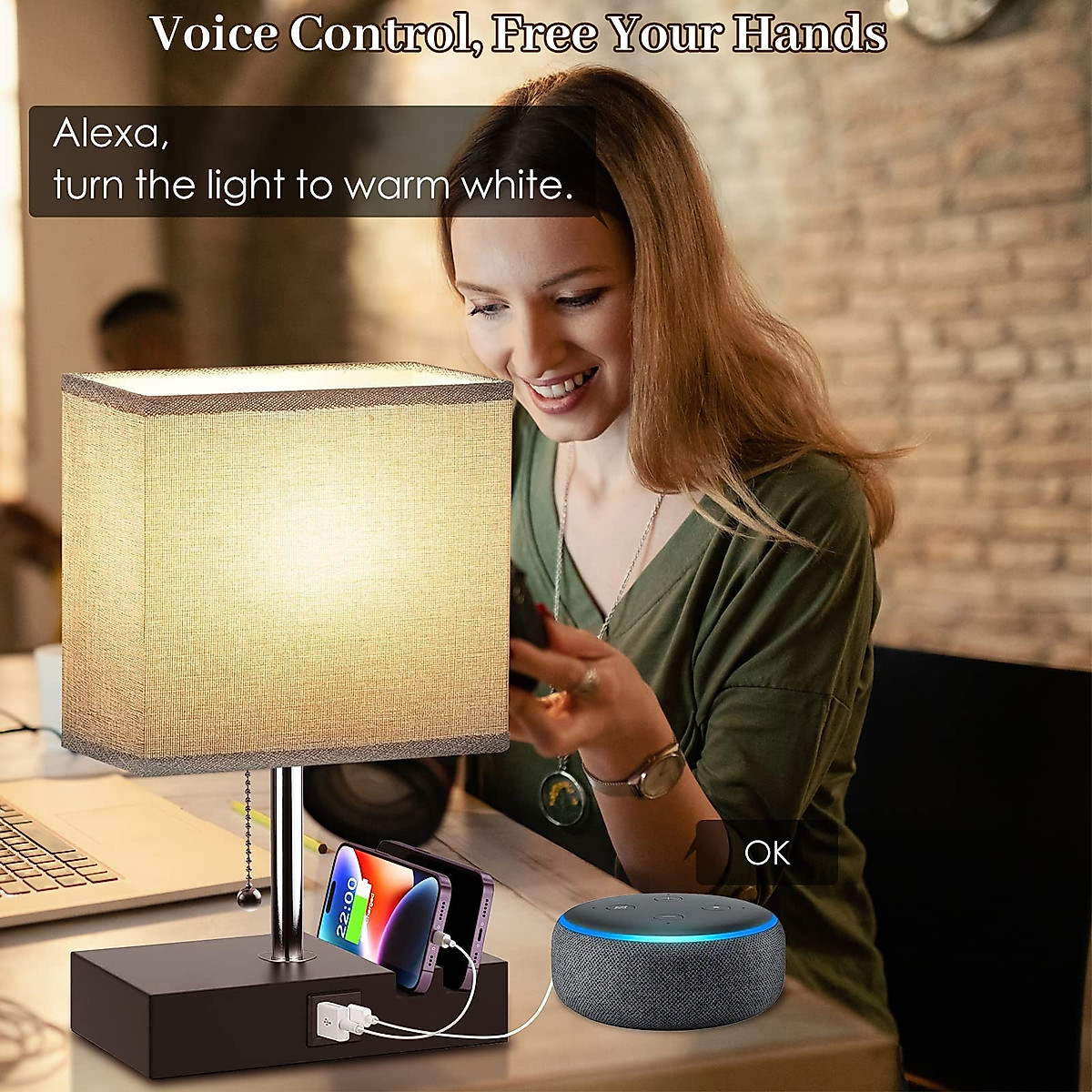 YIEELOG Smart RGB Dimmable Table Lamp Work with Alexa&APP&Remote Control, Bedside Desk Lamp with Charging Ports&Outlet&Phone Stand, Music Sync Nightstand Lamp for Bedroom Living Room Office Dorm