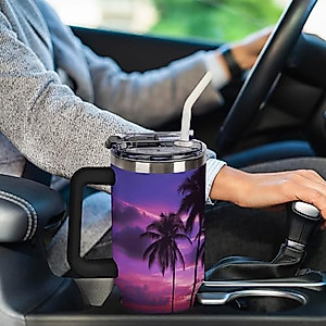 STVNKML 40 Oz Tumbler with Handle Palm Tree Purple Sunset Stainless Steel Coffee Mug Reusable Travel Mug Leak-proof Insulated Car Cup Large Capacity Tumbler for Travel, Outdoor, Home Use (Black)