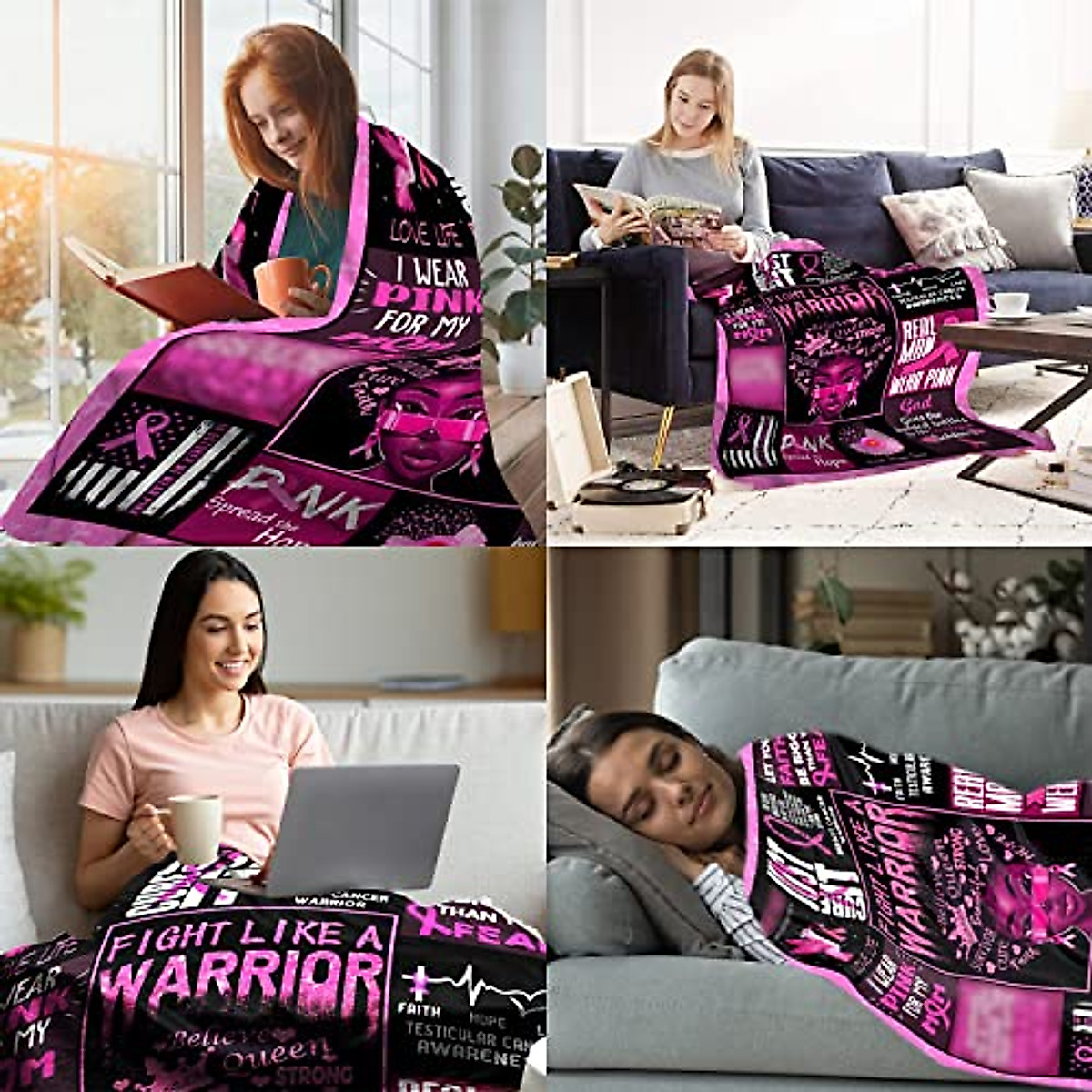 Breast Cancer Awareness Blanket, Black Women Fight Like A Warrior Flannel Soft Cozy Throw Blanket Breast Cancer Pink Ribbon Decorative Throws, Breast Cancer Survivor Gifts for Women 50x60 Inches