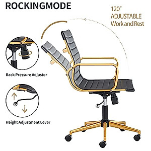 COROCC Office Desk Chair Modern Conference Room Task Chairs Leather Computer Swivel Excutive Ribbed Ergonomic Rolling Comfortable Chair for Home Office Black and Gold Chair