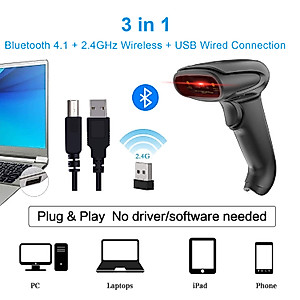Alacrity Wireless Portable 1D&2D Barcode Scanner with Stand QR Bluetooth Barcode Scanner Gun 3-in-1 Vibration, Cordless, Rechargeable Scan Gun for Inventory Management
