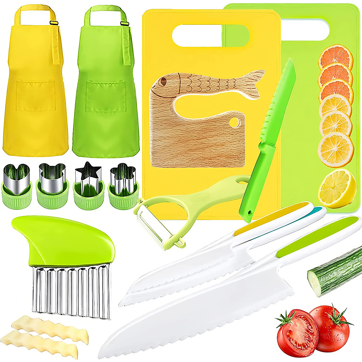 15 PCS Montessori Kitchen Tools for Toddlers Kids Cooking Sets, Apron, Serrated Toddler Knife, Crinkle Cutter, Sandwich Cutter, Wooden Fruit Knife, Y Peeler, Cutting Board for Cooking Kid Safe Knives