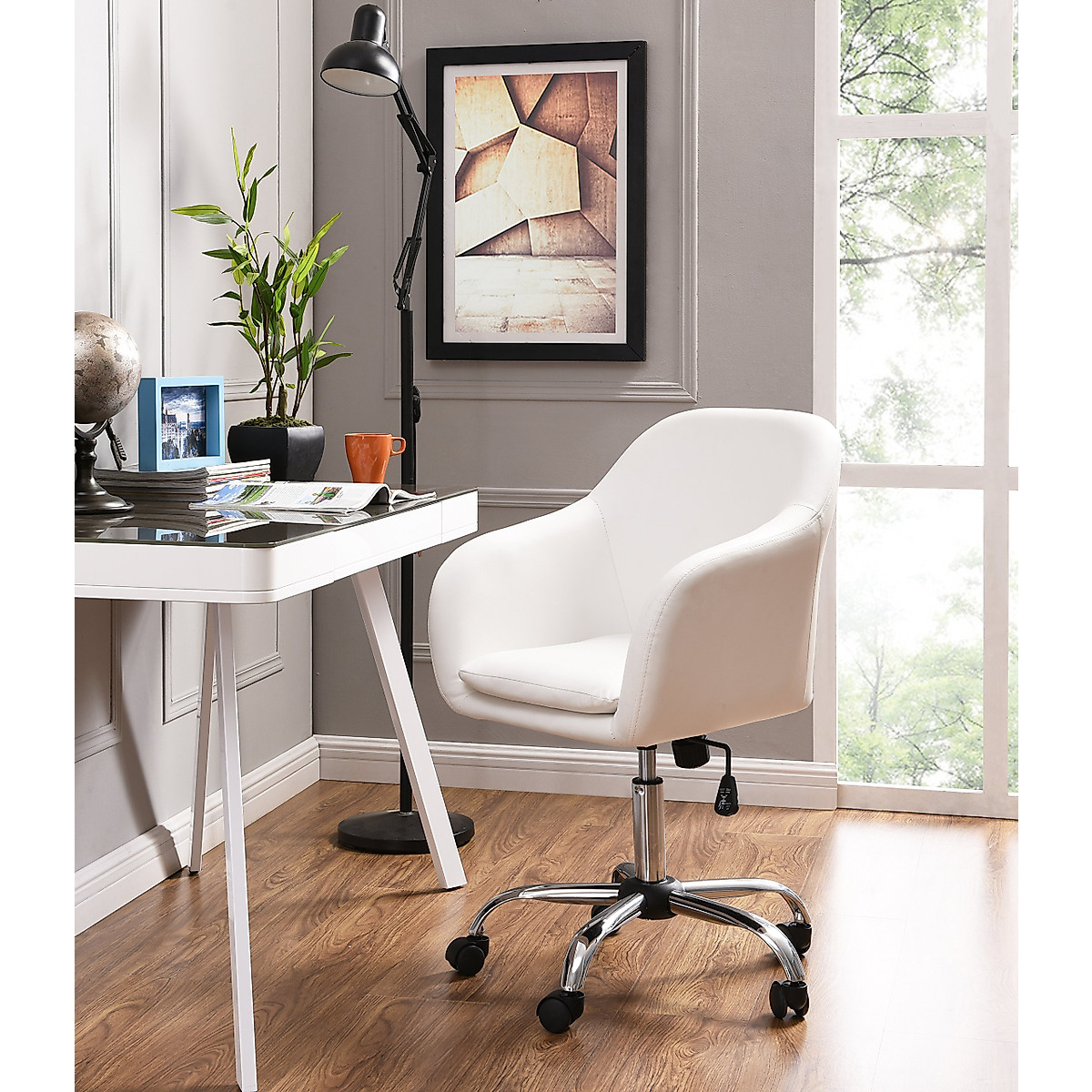 Home Office Chair Executive Mid Back Computer Table Desk Chair Swivel Height Adjustable Ergonomic with Armrest White