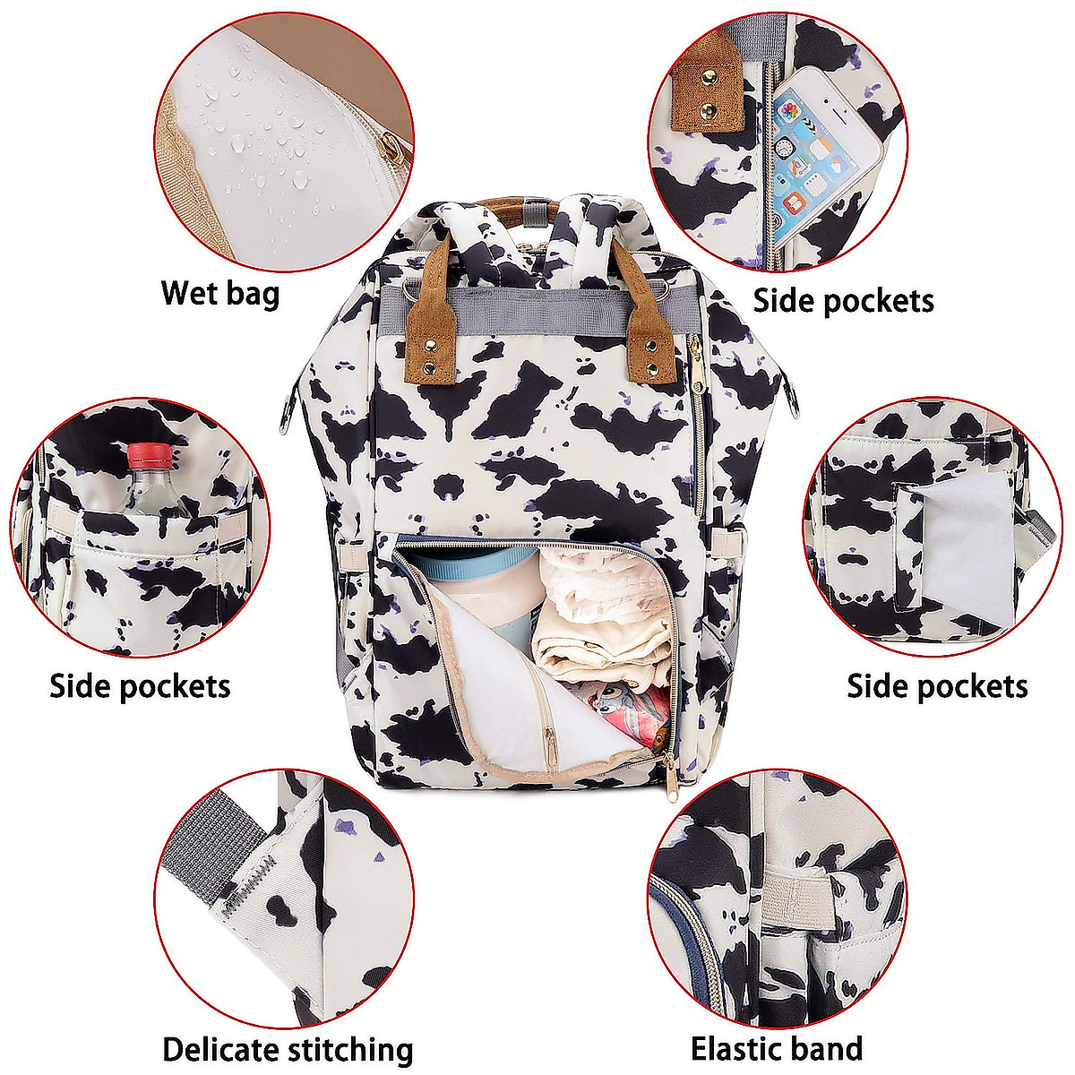 Cow Print Diaper Bag Backpack Set for Baby Girls Mom, Large Capacity Multi-Function Nappy Bags Organizer