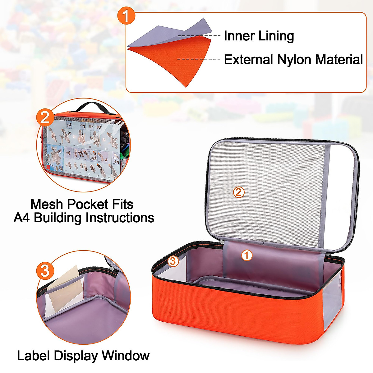 Rexmica 2pcs Large Toy Storage Organizer Bag Compatible with Lego Bricks, Construction Toy Travel Bag for Toy Interlocking Gear, Stacking Block, Building Blocks, Magnetic Tiles, Toy Cars, Orange