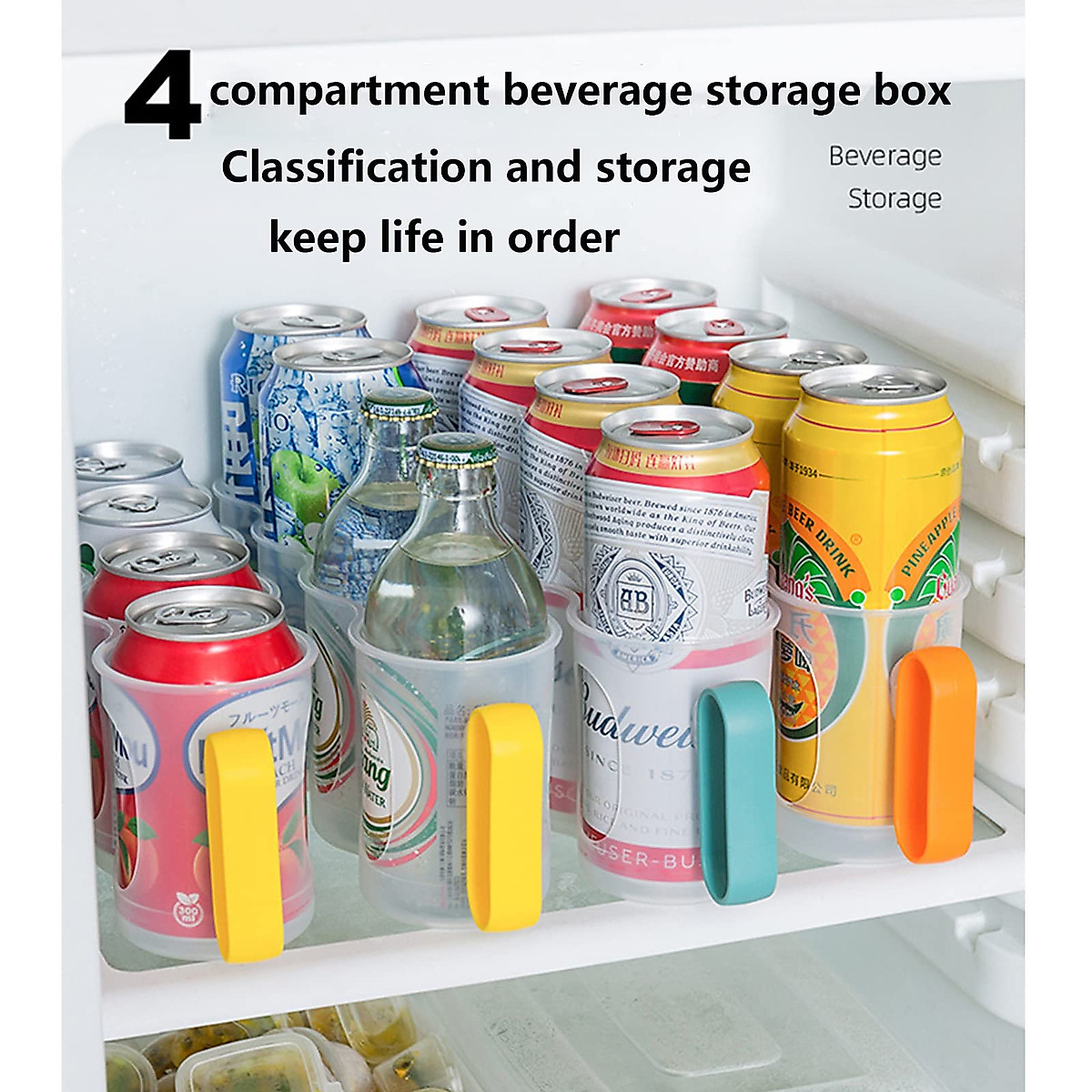Portable Soda Can Organizer for Refrigerator Shelves,4 compartment beverage storage box， Beer Can Racks,fruit juice drinks，canned food dispenser Refrigerator Storage Sliding Rack