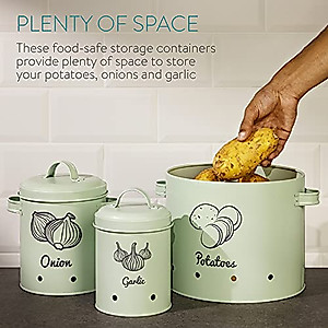 Navaris Potato Onion Garlic Storage Canisters (Set of 3) - Keeper Canister Tin Containers for Potatoes, Onions and Garlic - Vintage Look - Mint Green