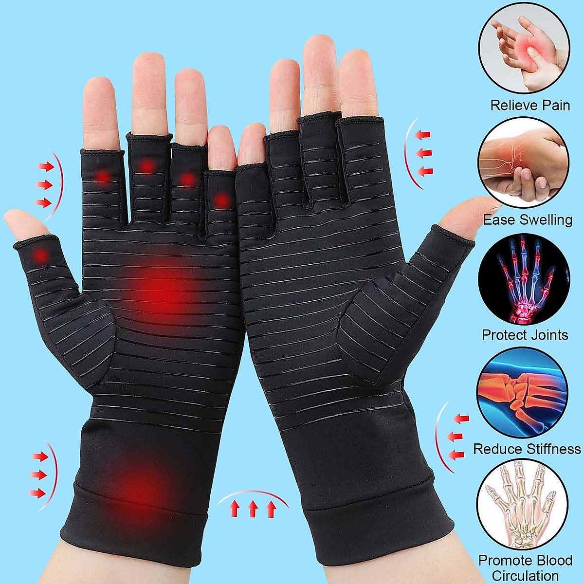 Semikk 2 Pair Compression Gloves for Women Men, Copper Arthritis Gloves for Rheumatoid Arthritis Osteoarthritis Carpal Tunnel