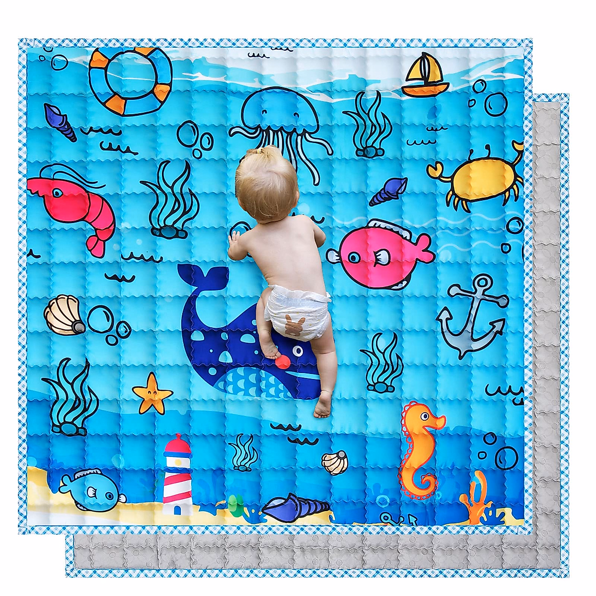 Baby Play Mat, Baby Crawling Floor Mats Babies Playmats Compatible with TODALE LIAMST Baby Playpen, Non-Slip Cushion Indoor Outdoor Infant Play Mat Kids Playpen Mat for Baby (50x50 Inch, Ocean Blue)