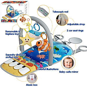 Baby Car Seat Toys for Travel 6 to 12 Months, Adjustable with Musical Pedal Piano, Baby Mirror and Hanging Squeaky Sensory Soft Infant Toys, Rear Facing