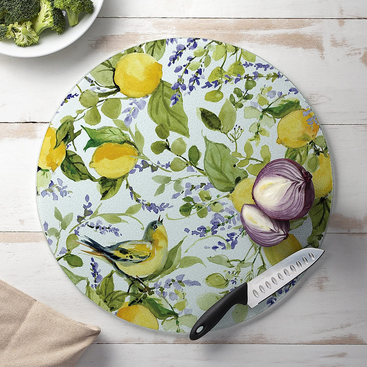 CounterArt Watercolor Lemons 4mm Heat Tolerant Round Tempered Glass Cutting Board 16" Round Manufactured in the USA Food Preparation Board, Cake Plate, Pizza Stand