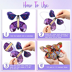 Lenwen 100 Pcs Magic Flying Butterfly Wind up Paper Butterflies That Fly Rubber Band Powered for Bookmark Card Surprise Gift Wedding Birthday Party 10 Styles, 4.41 x 4.92 Inch