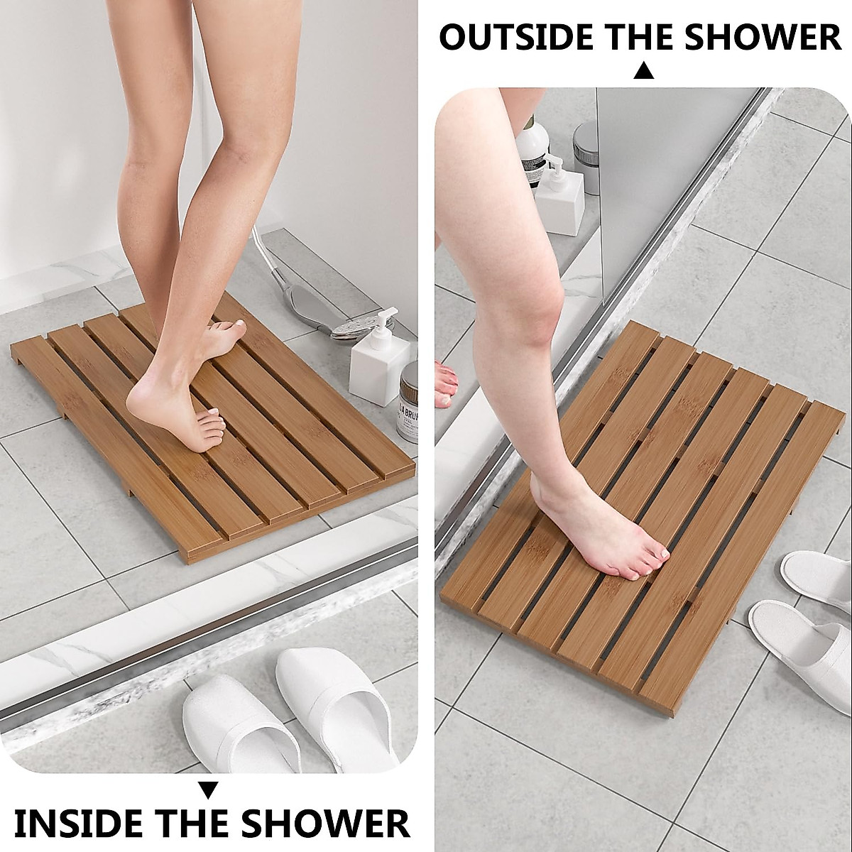 Domax Wooden Bamboo Bath Shower Mat- Non-Slip Waterproof Large Bathroom Floor Mat for Indoor Outdoor (Walnut, 21.26 x 14.17 x 1.3 Inches)