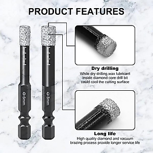 Quapkatt Dry Diamond Drill Bits Set 5 PCs for Granite Tile Ceramic Marble Stone Glass Size 1/4, 5/16, 3/8, 1/2, 5/9 inch with Quick Change Hex Shank Vacuum Brazed Diamond Core Drill Bit Kit