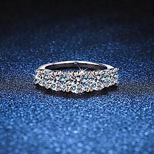 CHIRENMA 3 Stone/5 Stone Round Cut Moissanite Engagement Rings for Women in Sterling Silver, Round Cut Sparkling Wedding Band for Women Size 6-8 (5 stone, 7)