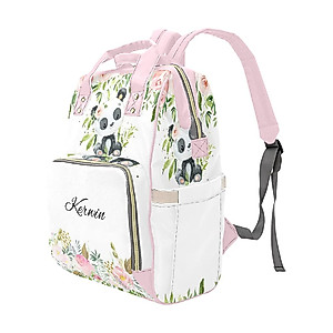 SunFancy Personalized Pink Flower Panda Bamboo Diaper Backpack with Name Text Large Capacity Custom Multi-Function Bag Unisex Travel Backpack for Mom Dad Boy Girl