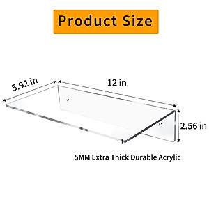 Jansburg 12 Inch L-Shaped Acrylic Floating Shelf Clear Wall Mounted Shelves Invisible 5MM Thick Shelf for Wall Storage Clear Shelves for Makeup Photo Picture Book Record Display 4 Pack