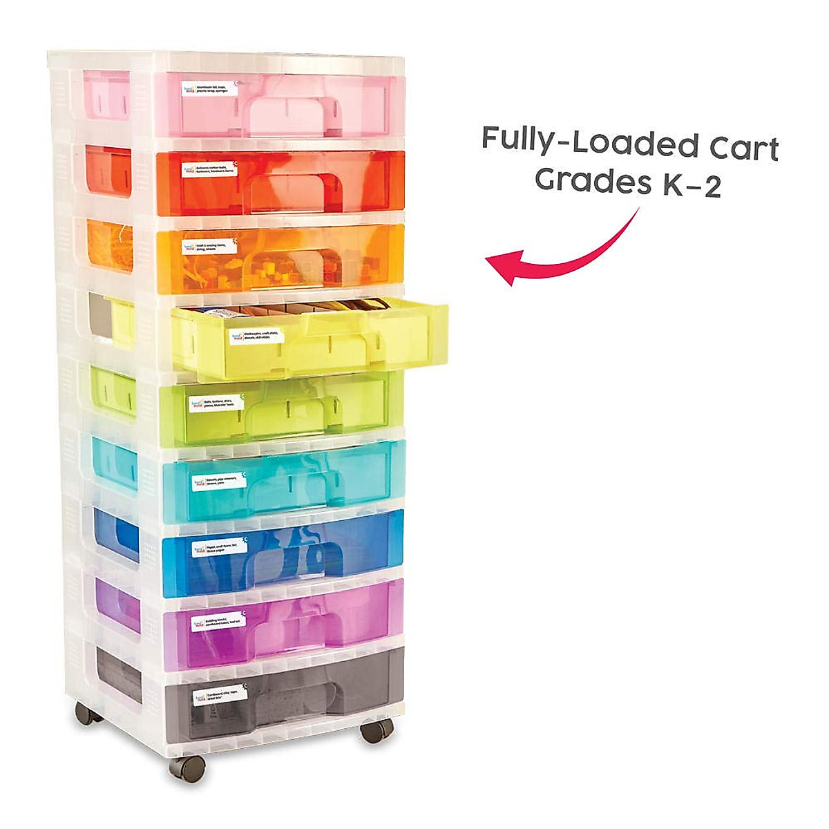 hand2mind Classroom Makerspace Cart for Grade K-2, STEAM Activities, Classroom Cart, Makerspace Supplies, Elementary Classroom Materials, Craft Storage Drawers, Activity Cart, Kids Engineering