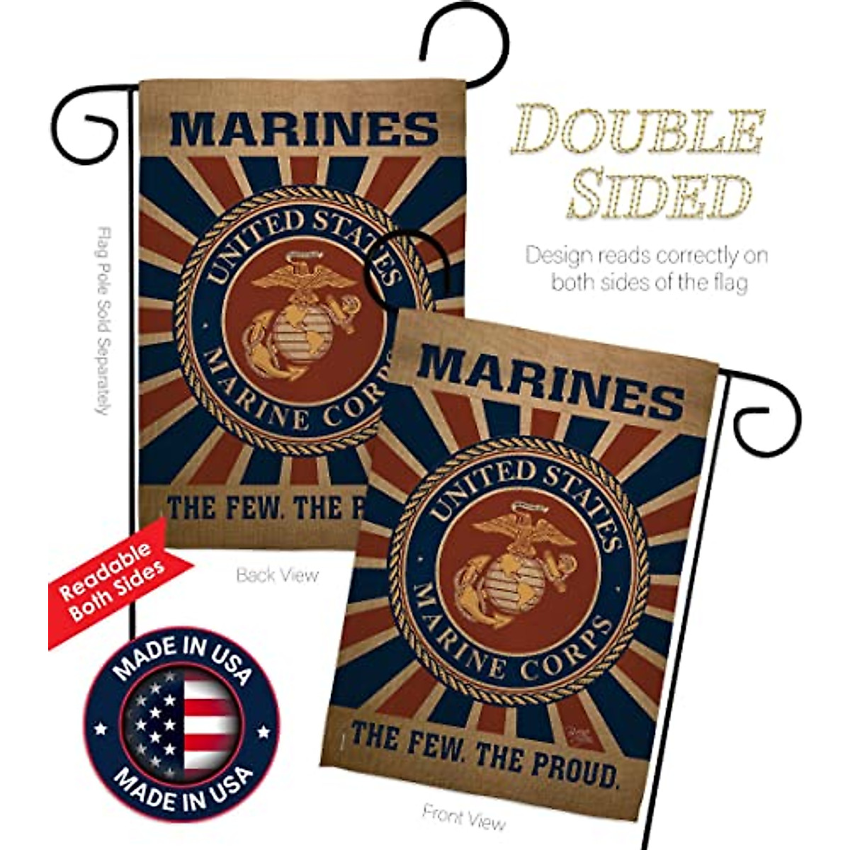Marine Corps Garden Flag - Set Wall Holder Armed Forces USMC Semper Fi United State American Military Veteran Retire Official - House Banner Small Yard Gift Double-Sided Made In USA 13 X 18.5