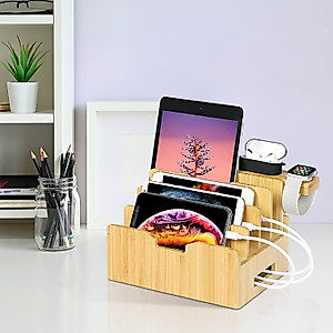 Bamboo Charging Station for Multiple Devices with Integrated Watch & Earbuds Stand, Desktop Charging Docking Station Organizer for Cell Phone, Tablet, 5 Charging Cables Included（No Power Supply）