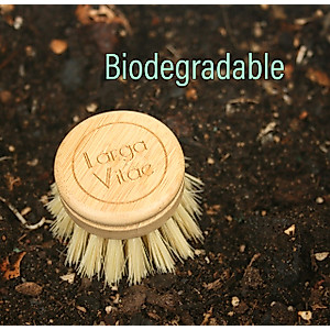 Larga Vitae Wooden Dish Brush Made of Renewable Bamboo Wood and Natural Bristle Tampico Fiber, includes 5 Replacement Brush Heads, Durable, Long Lasting, All Purpose Kitchen Scrubber