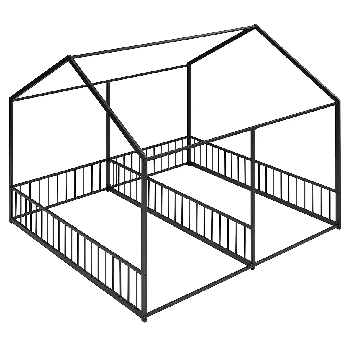 DNYN Twin Size Double Platform Beds with Roof and Fence Deisgn for Kids Bedroom,Sturdy Steel House Shaped Floor Bedframe,No Box Spring Needed & Space Saving,Perfect for Boys and Girls, Black